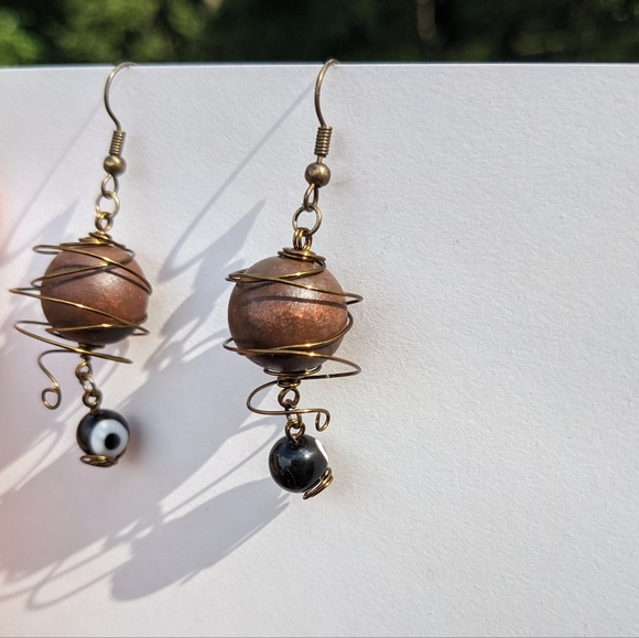 Artisan | Jewelry | Evil Eye Earrings Brown Wood Spheres Beads Brass ...